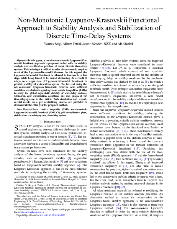 (PDF) Non-Monotonic Lyapunov-Krasovskii Functional Approach to Stability Analysis and ...