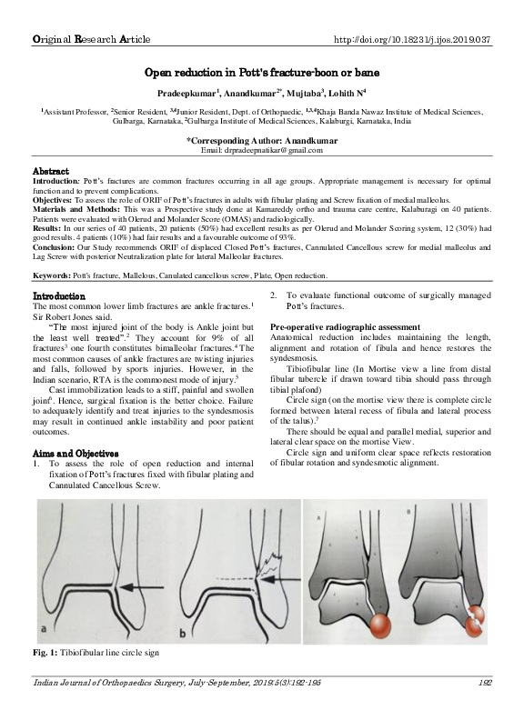 (PDF) Open reduction in Pott's fracture-boon or bane