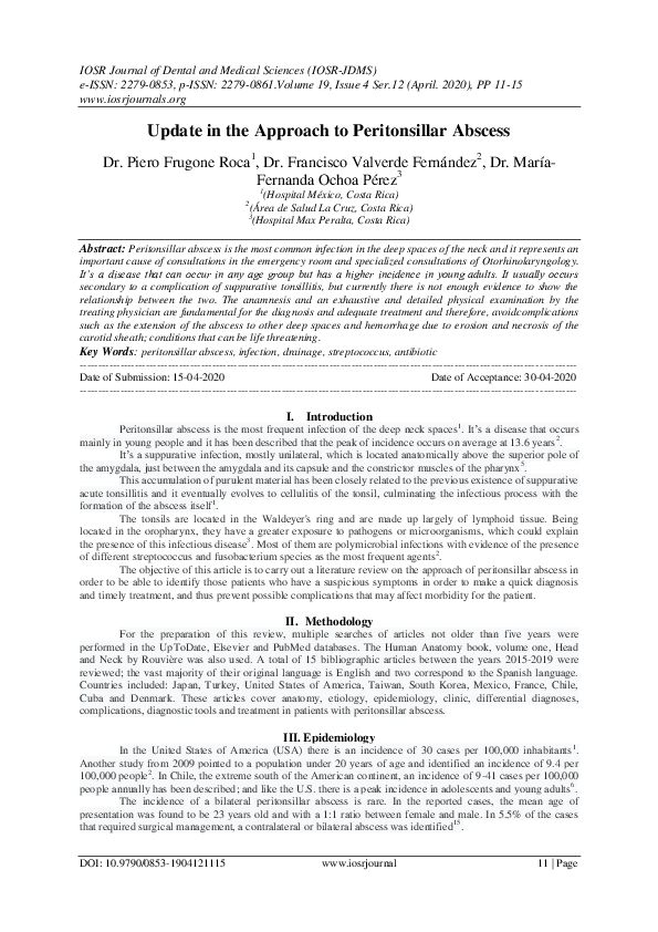 (PDF) Update in the Approach to Peritonsillar Abscess | IOSR Journals ...