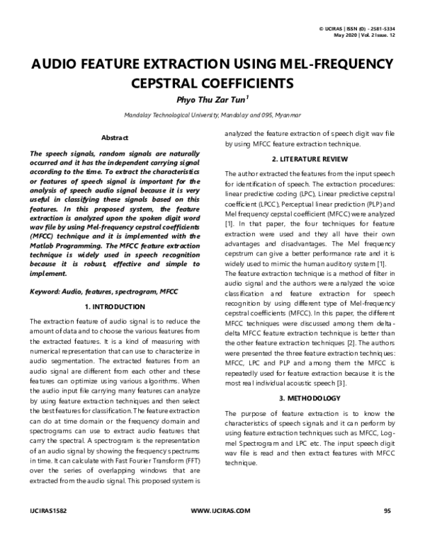 Pdf Audio Feature Extraction Using Mel Frequency Cepstral Coefficients