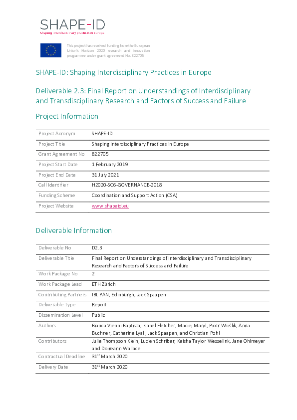 (PDF) SHAPE ID Final Report on Understandings of Interdisciplinary and ...