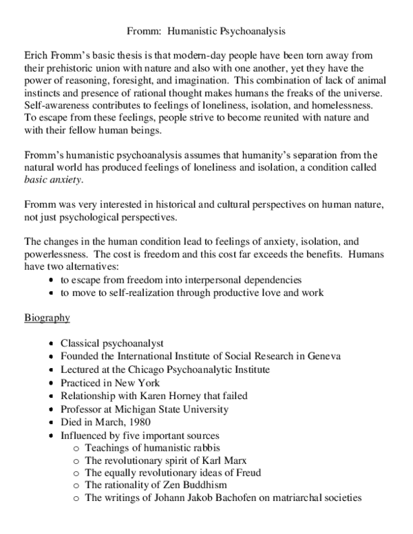 (PDF) Fromm: Humanistic Psychoanalysis Summary