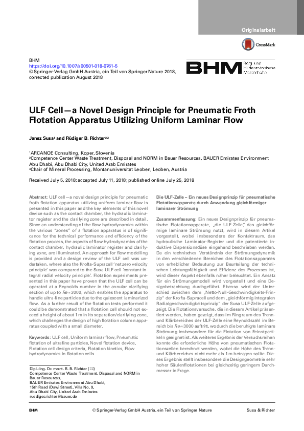 (PDF) ULF Cell-a Novel Design Principle for Pneumatic Froth Flotation ...