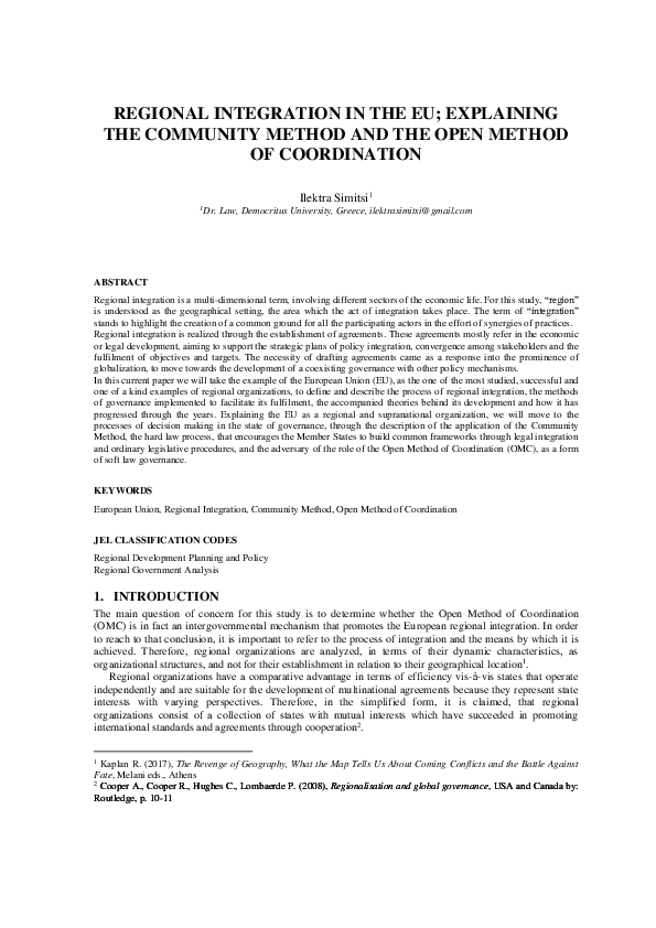 (PDF) REGIONAL INTEGRATION IN THE EU; EXPLAINING THE COMMUNITY METHOD ...