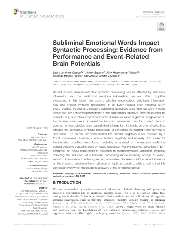 (PDF) Subliminal Emotional Words Impact Syntactic Processing: Evidence from Performance and ...