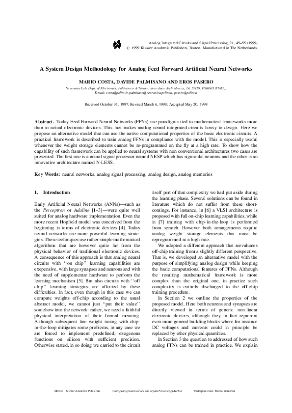 Pdf A System Design Methodology For Analog Feed Forward Artificial Neural Networks