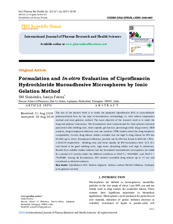Pdf Formulation And In Vitro Evaluation Of Ciprofloxacin Hydrochloride Mucoadhesive