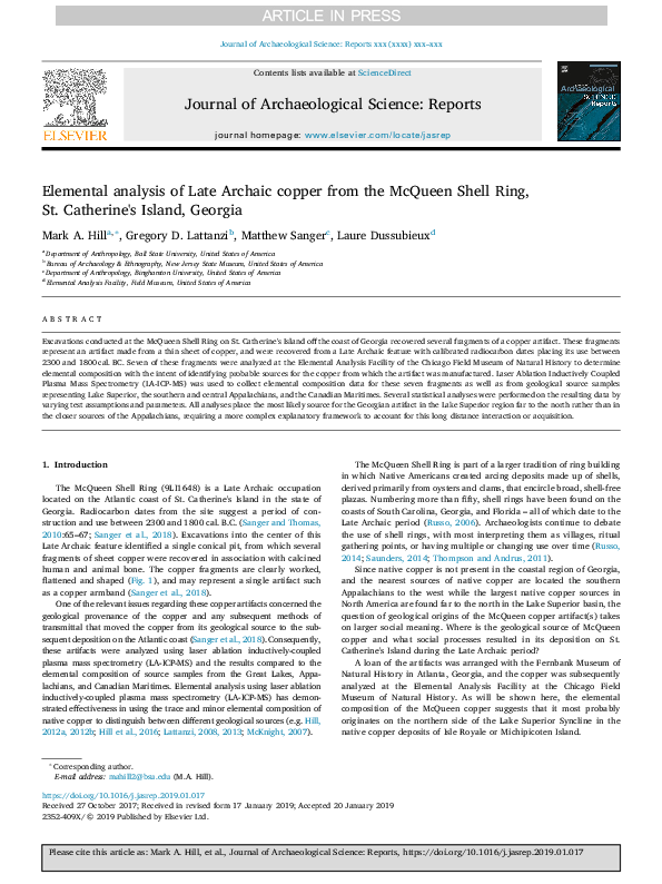 (PDF) Elemental analysis of Late Archaic copper from the McQueen Shell Ring