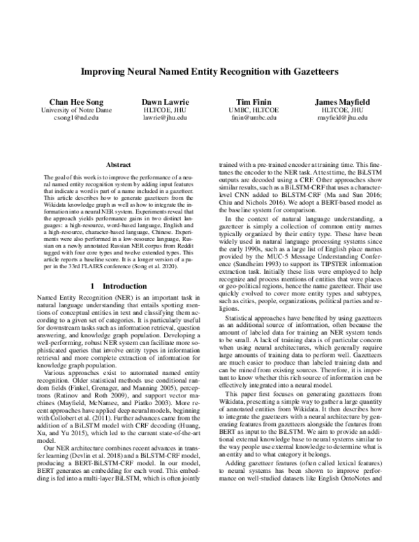 Pdf Improving Neural Named Entity Recognition With Gazetteers