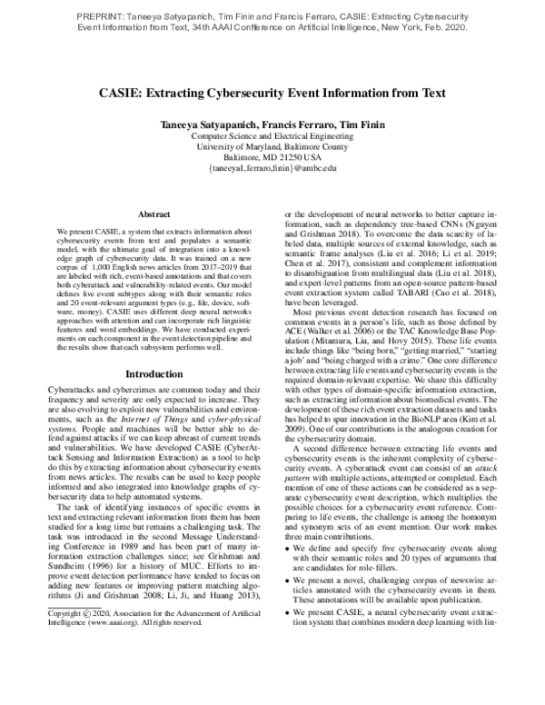 (PDF) CASIE: Extracting Cybersecurity Event Information from Text