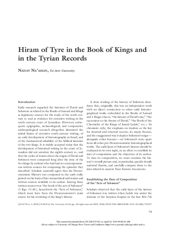 (PDF) Hiram of Tyre in the Book of Kings and in the Tyrian Records ...