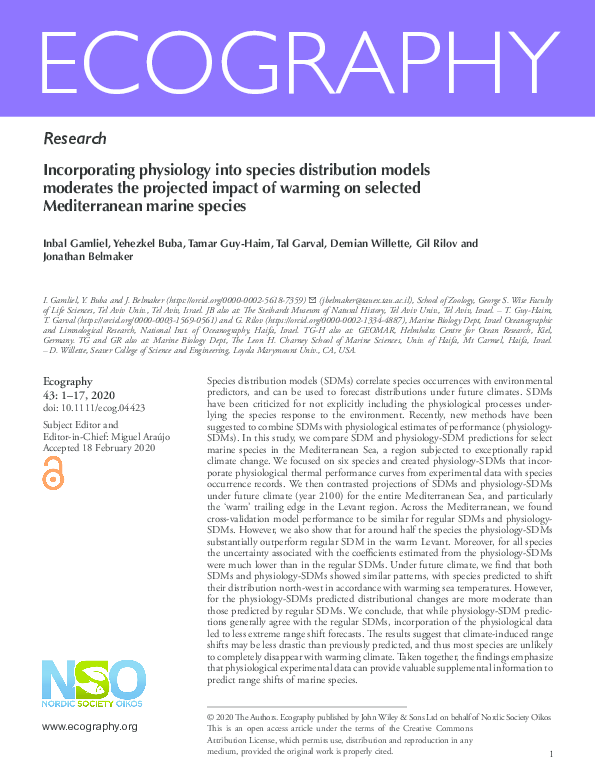(PDF) Incorporating physiology into species distribution models ...