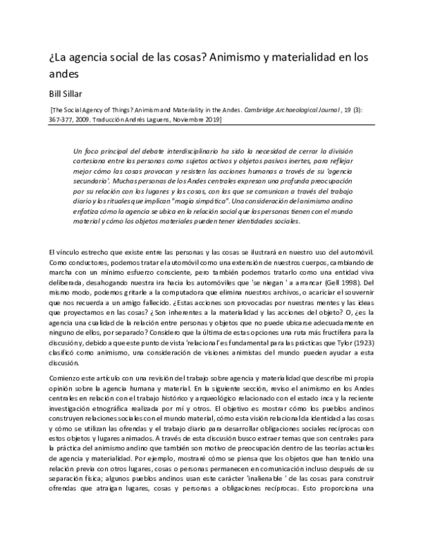 (PDF) SILLAR, B., 2009. ¿La agencia social de las cosas? Animismo y materialidad en los Andes ...