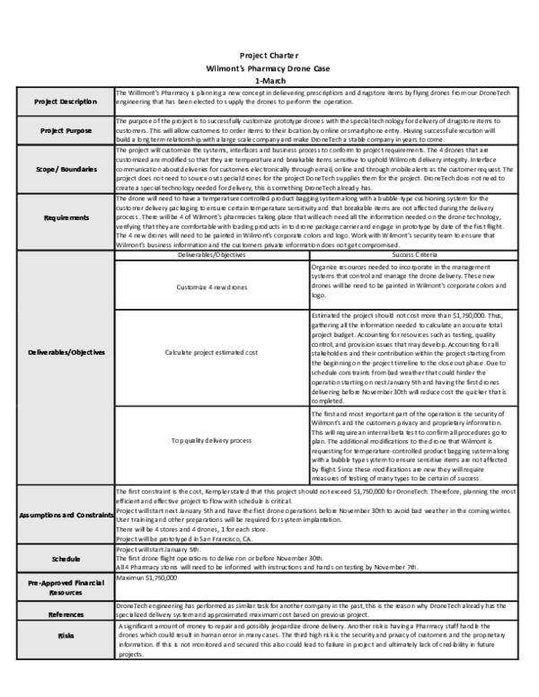 (PDF) Project Charter Wilmont's Pharmacy Drone Case 1-March Project ...