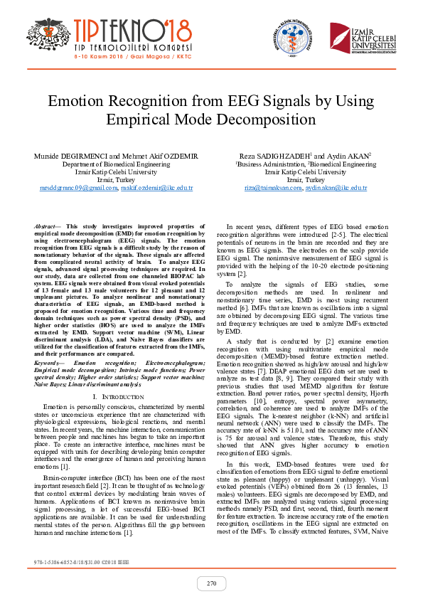 Pdf Emotion Recognition From Eeg Signals By Using Empirical Mode