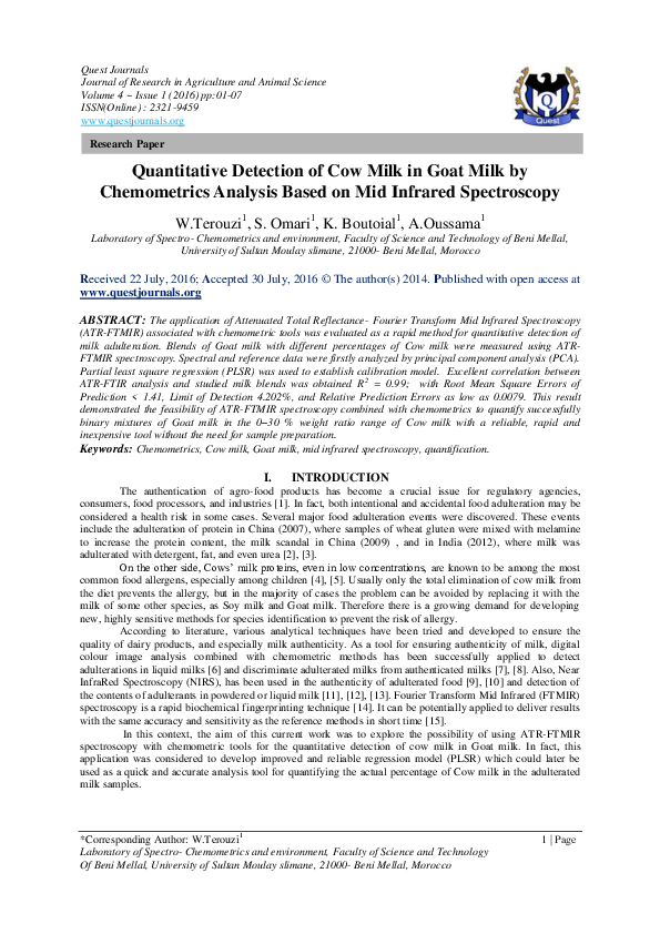 (PDF) Quantitative Detection of Cow Milk in Goat Milk by Chemometrics ...