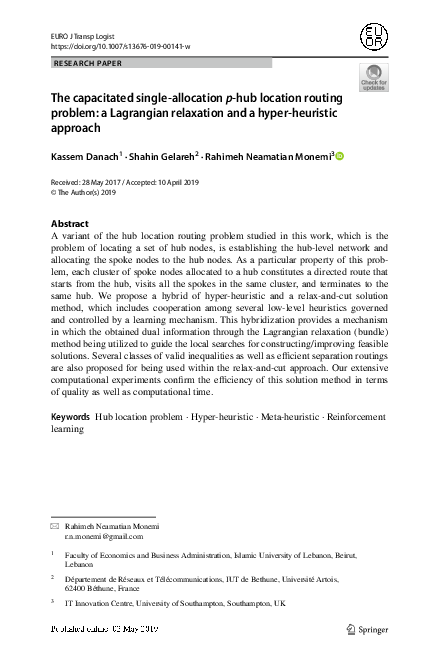 Pdf The Capacitated Single Allocation P Hub Location Routing Problem A Lagrangian Relaxation 4674