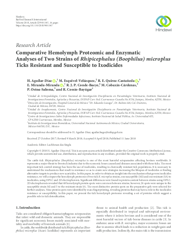 (PDF) Comparative Hemolymph Proteomic and Enzymatic Analyses of Two Strains of Rhipicephalus ...