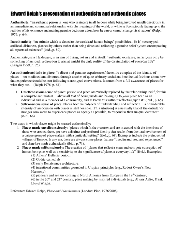 (PDF) Handout--Geographer Edward Relph on authenticity, inauthenticity ...