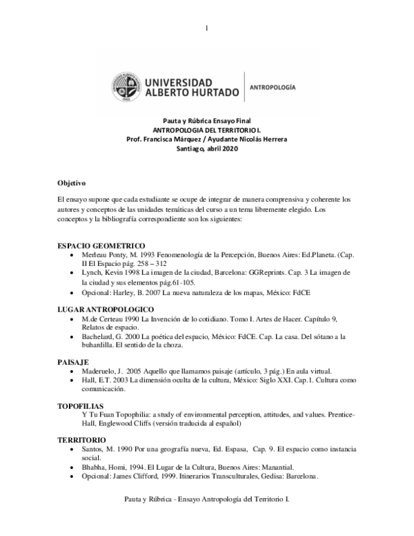 (PDF) Pauta y Rubrica Ensayo Final Territorio I | Tamara Palacios ...