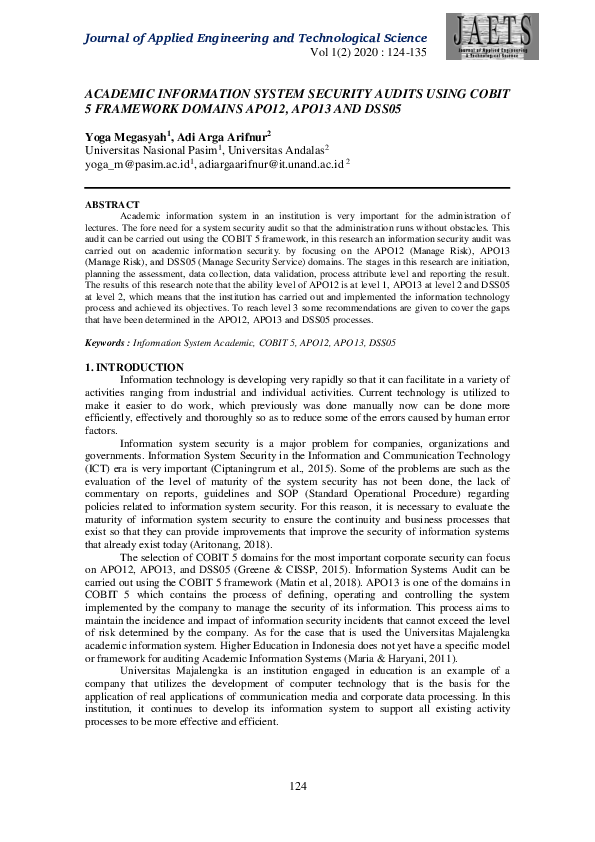 (PDF) ACADEMIC INFORMATION SYSTEM SECURITY AUDITS USING COBIT 5 FRAMEWORK DOMAINS APO12, APO13 ...