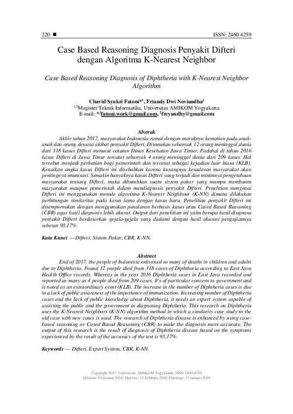 (PDF) Case Based Reasoning Diagnosis Penyakit Difteri dengan Algoritma K-Nearest Neighbor