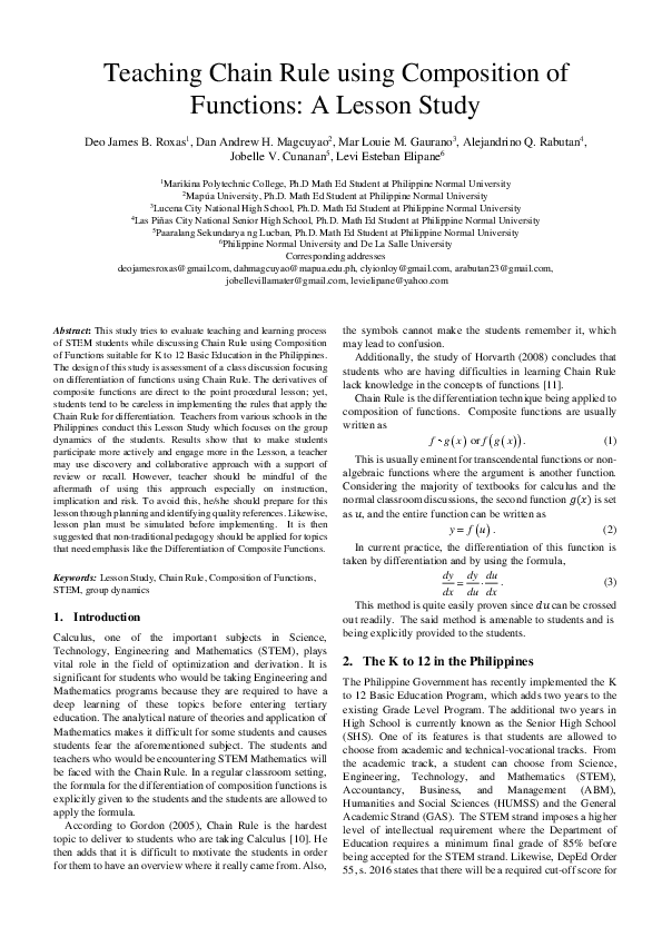 (PDF) Teaching Chain Rule using Composition of Functions: A Lesson Study