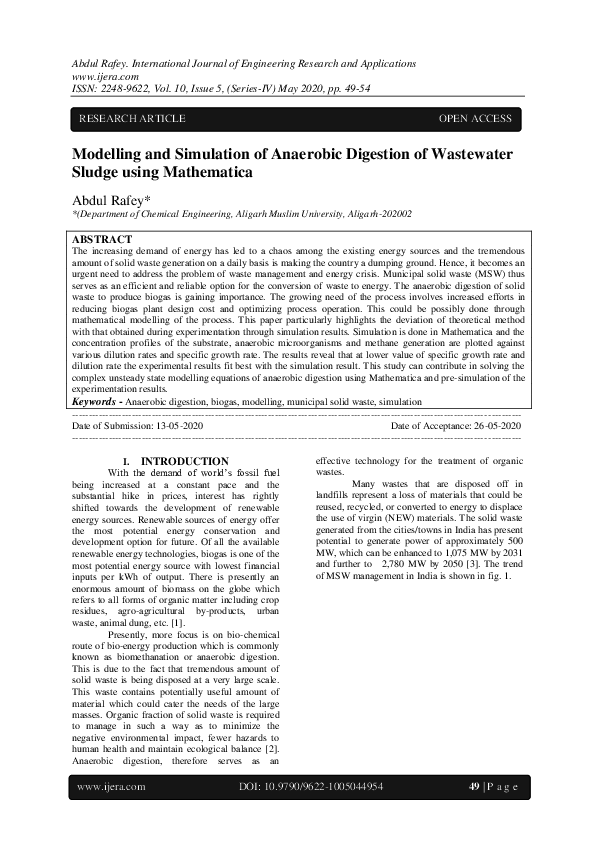 (PDF) Modelling and Simulation of Anaerobic Digestion of Wastewater Sludge using Mathematica