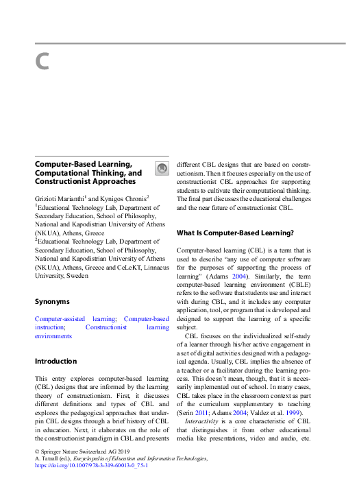 Pdf Computer Based Learning Computational Thinking And Constructionist Approaches