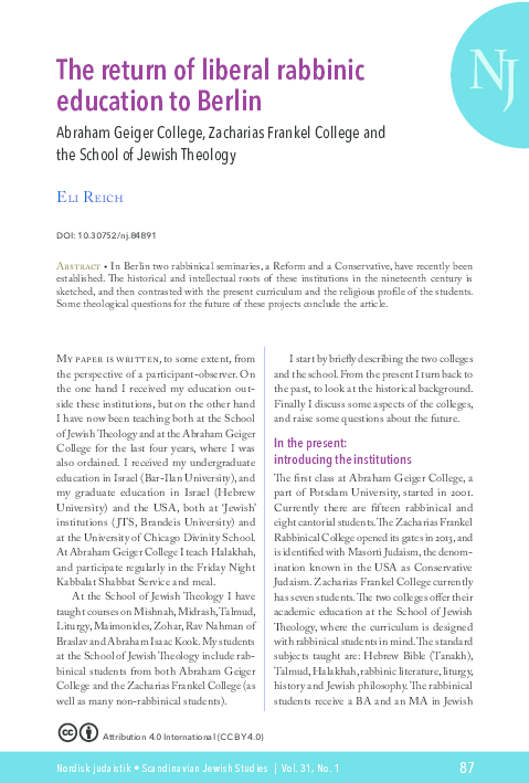 (PDF) Eli Reich The Return of Liberal Rabbinic Education to ...