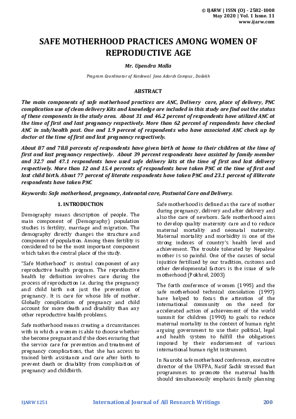 (PDF) SAFE MOTHERHOOD PRACTICES AMONG WOMEN OF REPRODUCTIVE AGE