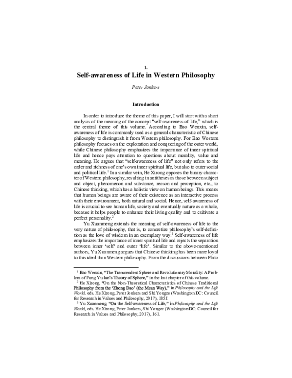 (PDF) Self-awareness of Life in Western Philosophy