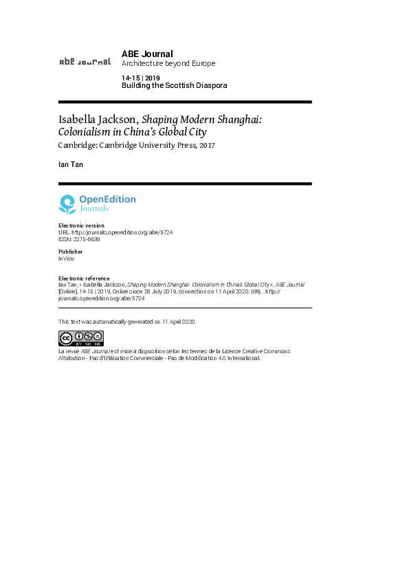 (PDF) (Book Review) Isabella Jackson, Shaping Modern Shanghai ...