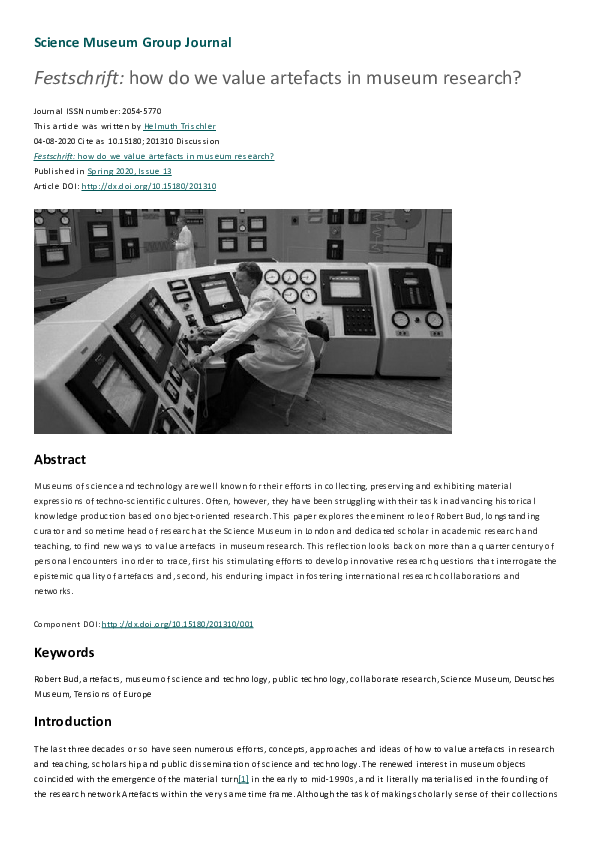 (PDF) Festschrift: how do we value artefacts in museum research