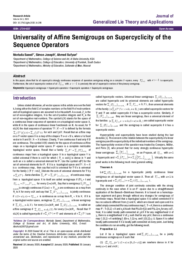 (PDF) Universality of affine semigroups on supercyclicity of the sequence operators