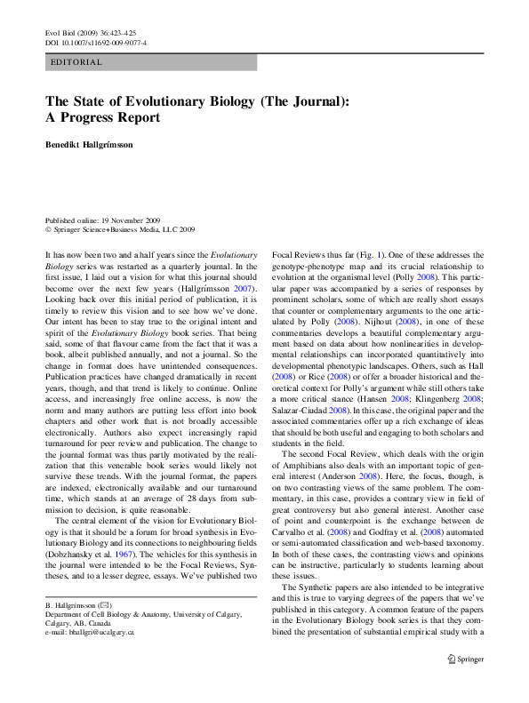 (PDF) The State of Evolutionary Biology (The Journal): A Progress Report