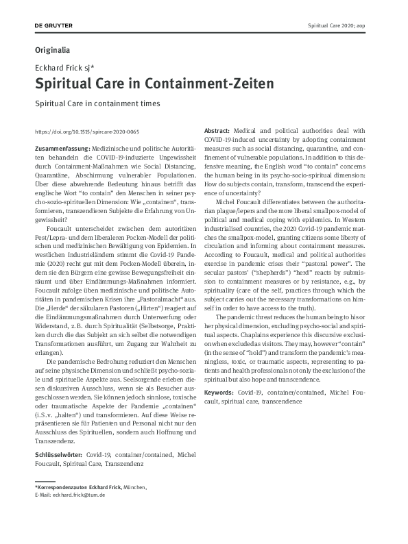 (PDF) Spiritual Care in Containment-Zeiten Spiritual Care in ...