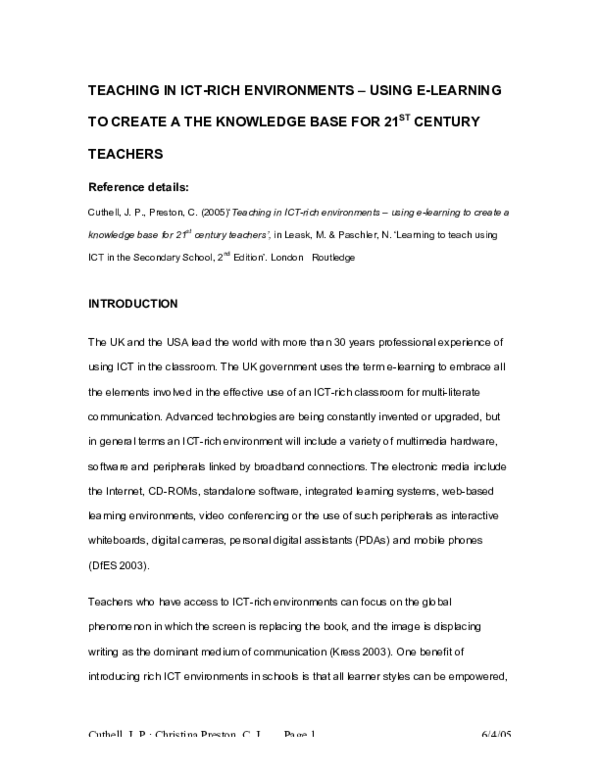 (PDF) TEACHING IN ICT-RICH ENVIRONMENTS -USING E-LEARNING TO CREATE A THE KNOWLEDGE BASE FOR 21 ...