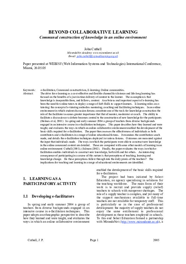 (PDF) BEYOND COLLABORATIVE LEARNING Communal construction of knowledge ...