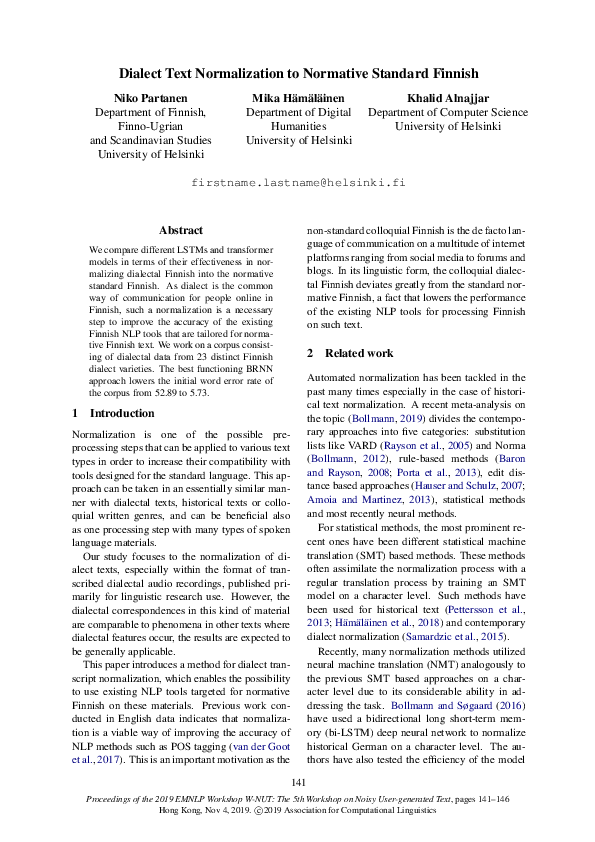 (PDF) Dialect Text Normalization to Normative Standard Finnish