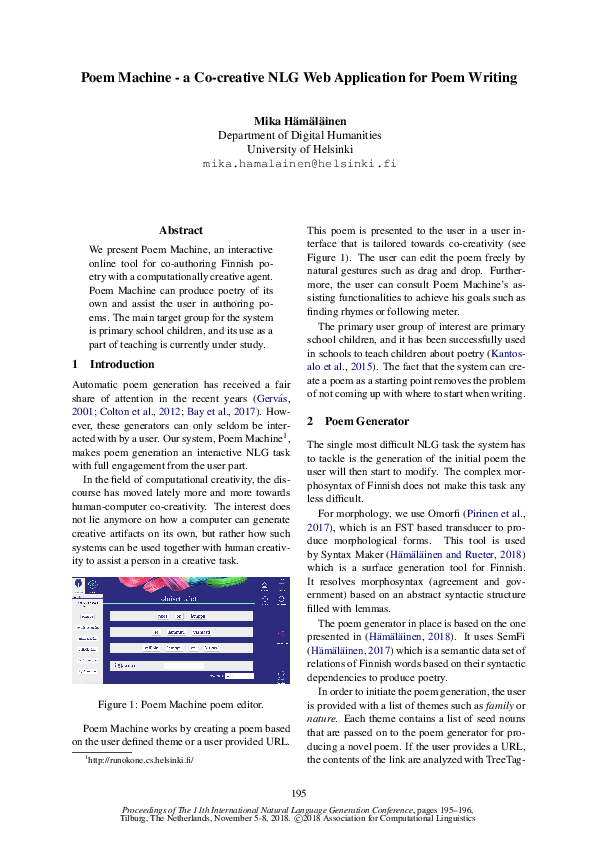 (PDF) Poem Machine -a Co-creative NLG Web Application for Poem Writing