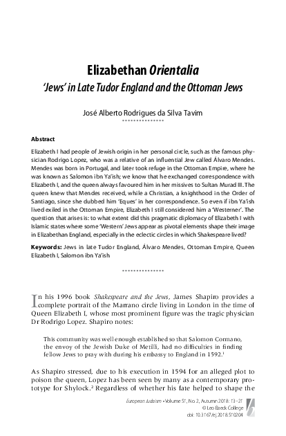 (PDF) Elizabethan Orientalia: 'Jews' in Late Tudor England and the ...
