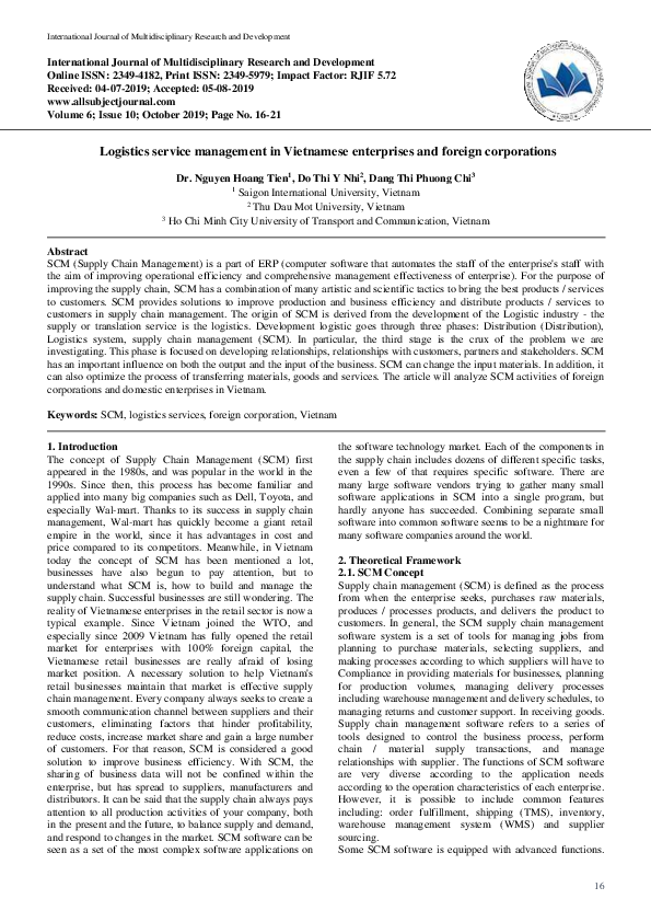 (PDF) Logistics service management in Vietnamese enterprises and foreign corporations
