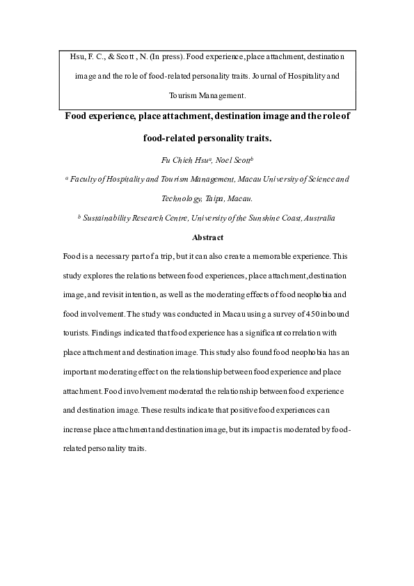 (PDF) Food experience, place attachment, destination image and the role ...