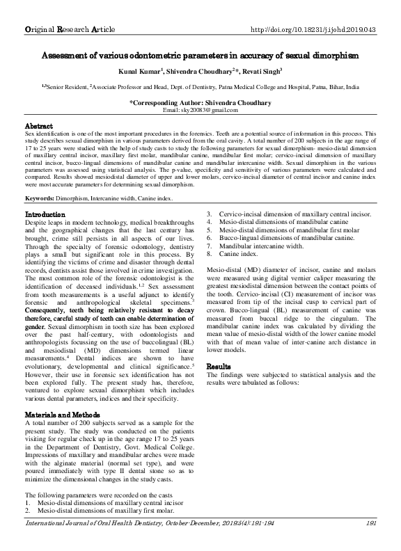 Pdf Assessment Of Various Odontometric Parameters In Accuracy Of Sexual Dimorphism