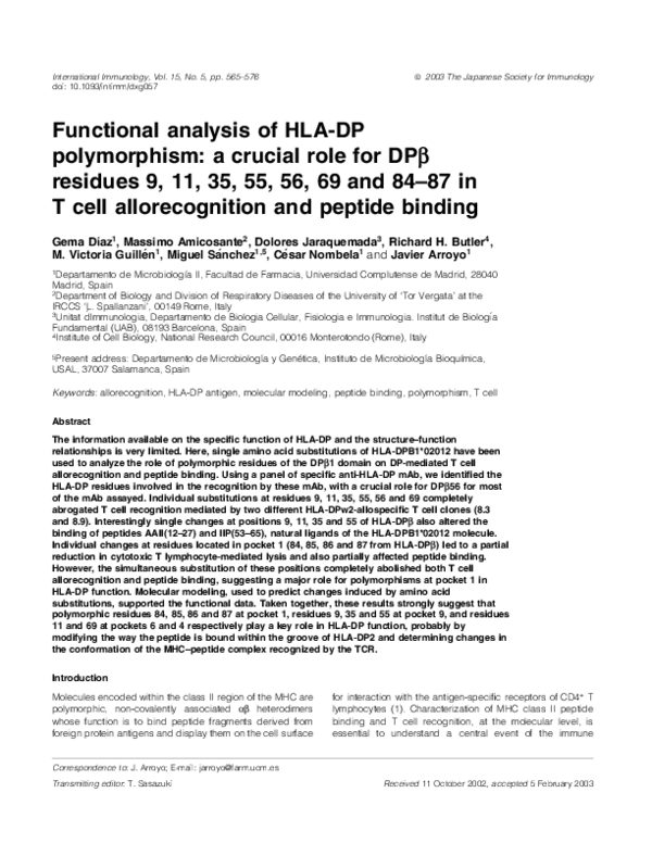 (PDF) Functional analysis of HLA-DP polymorphism: a crucial role for DPbeta residues 9, 11, 35 ...