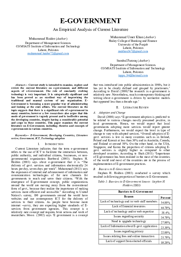 (PDF) E-GOVERNMENT An Empirical Analysis of Current Literature