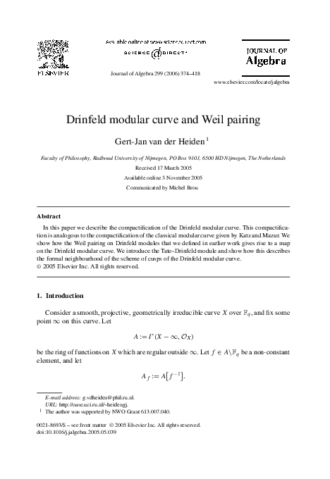 Pdf Drinfeld Modular Curve And Weil Pairing Gert Jan Van Der Heiden