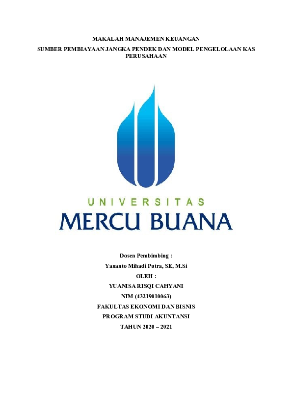 (DOC) Sumber Pembiayaan Jangka Pendek dan Model Pengelolaan Kas Perusahaan