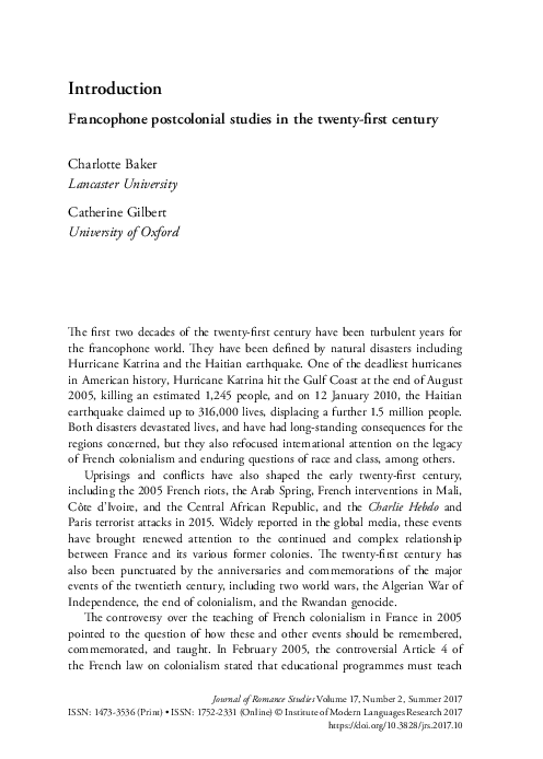 (PDF) Francophone Postcolonial Studies in the 21st Century